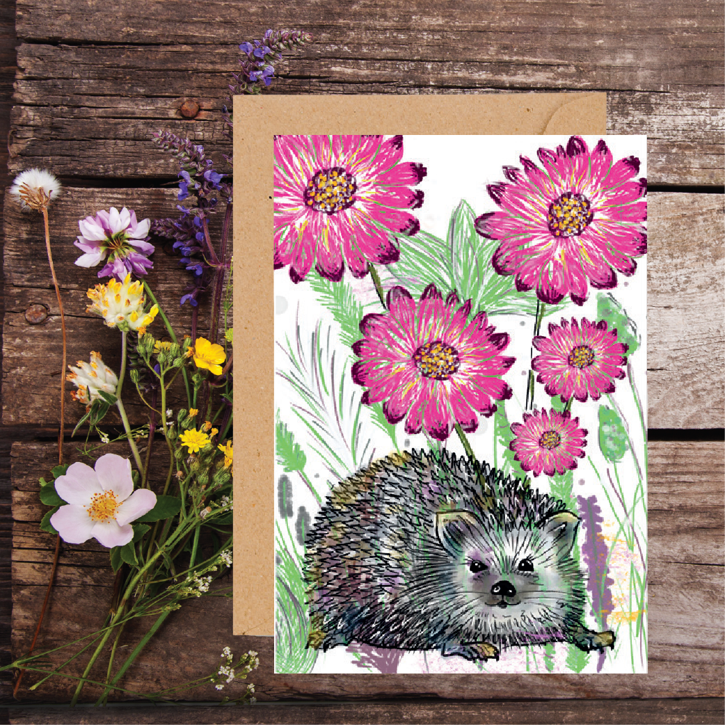 HEDGEHOG AND PINK BLOOMS WiLDFLOWER PLANTABLE SEED GREETING CARD — Red ...